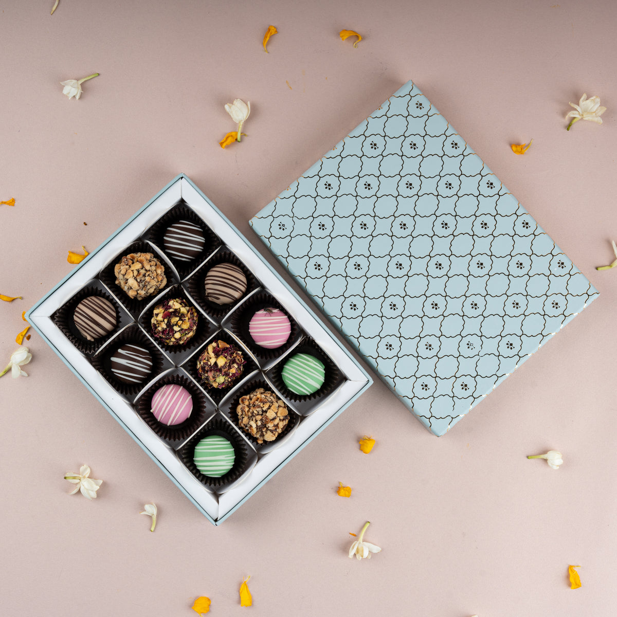 Moroccan Powder Blue Gold Foil Rigid Chocolate Box ( Cavity of 12 pcs ...