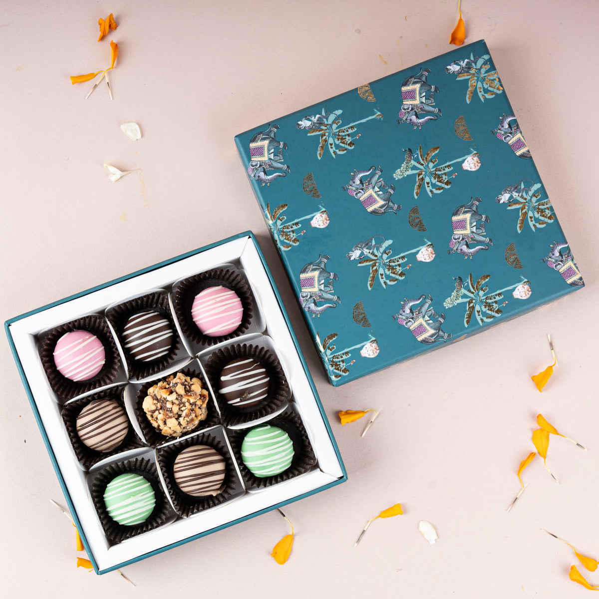 Van Mahal Gold Foil Rigid Chocolate Box (Persian Green - Cavity of 9 p ...