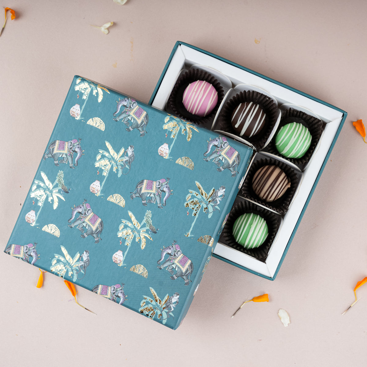 Van Mahal Gold Foil Rigid Chocolate Box (Persian Green - Cavity of 9 p ...